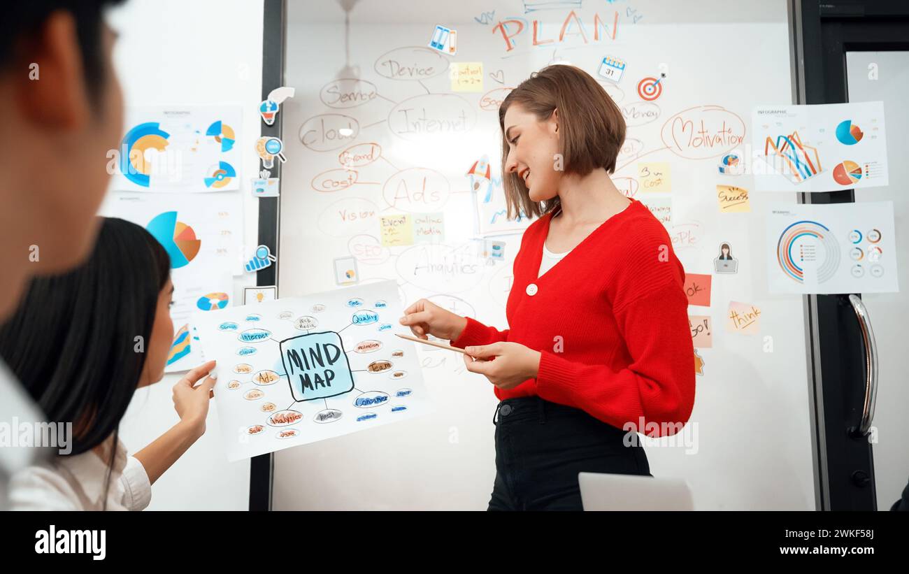 Professional young leader present business idea by using mind map at ...