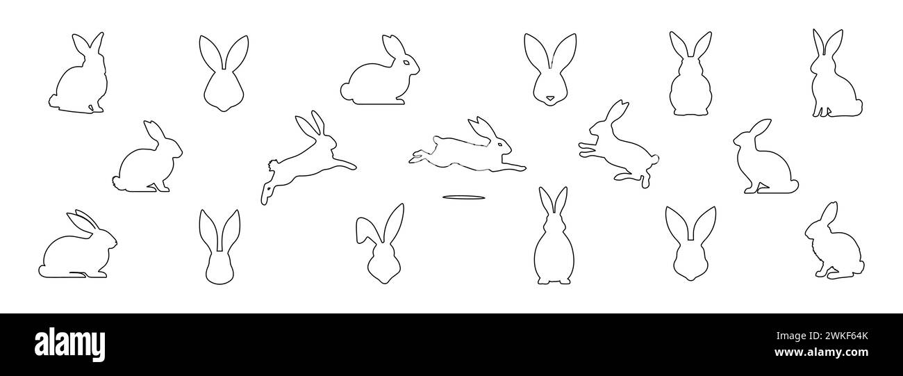Set of rabbits in outline. Easter bunnies. Isolated on a white backdrop ...