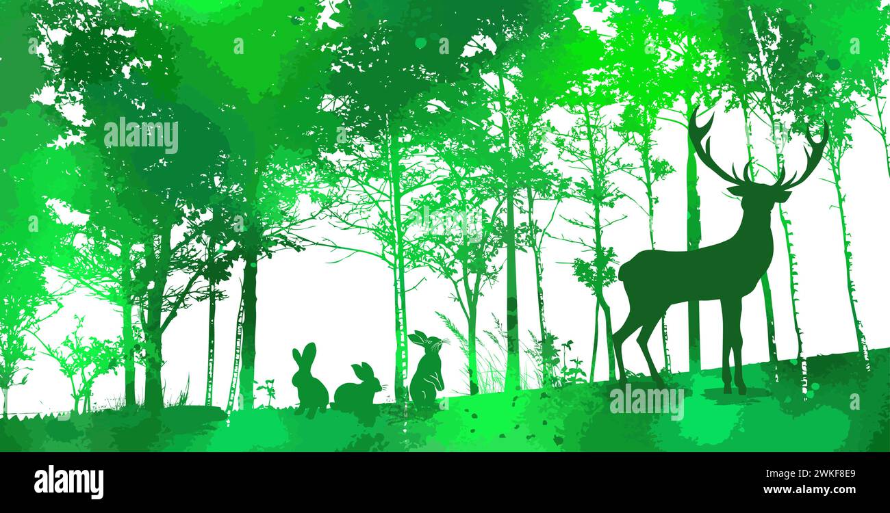 Deer in the green forest. Watercolor trees. hand drawing. Not AI ...