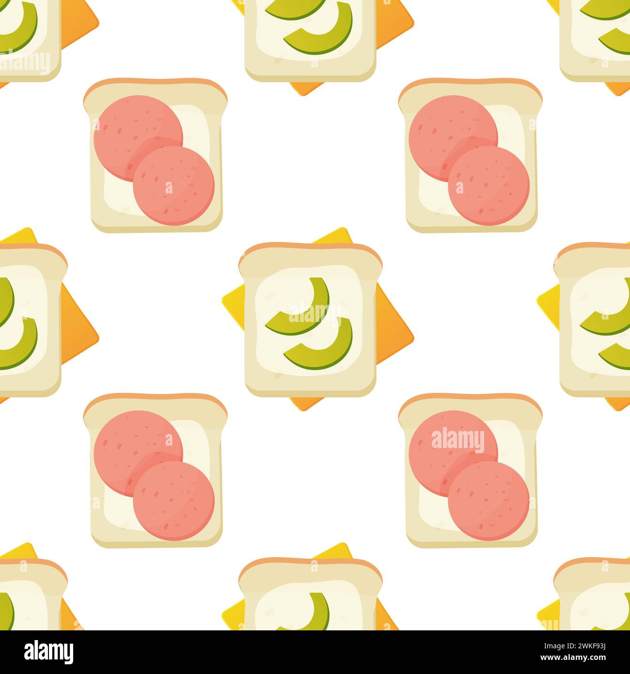 Seamless pattern, breakfast sandwiches, toast with avacado and sausage ...