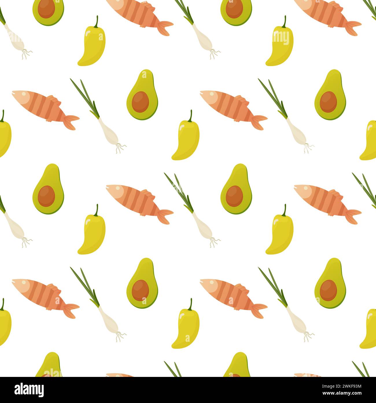 Seamless pattern, different products, food. fish, pepper, tomato ...