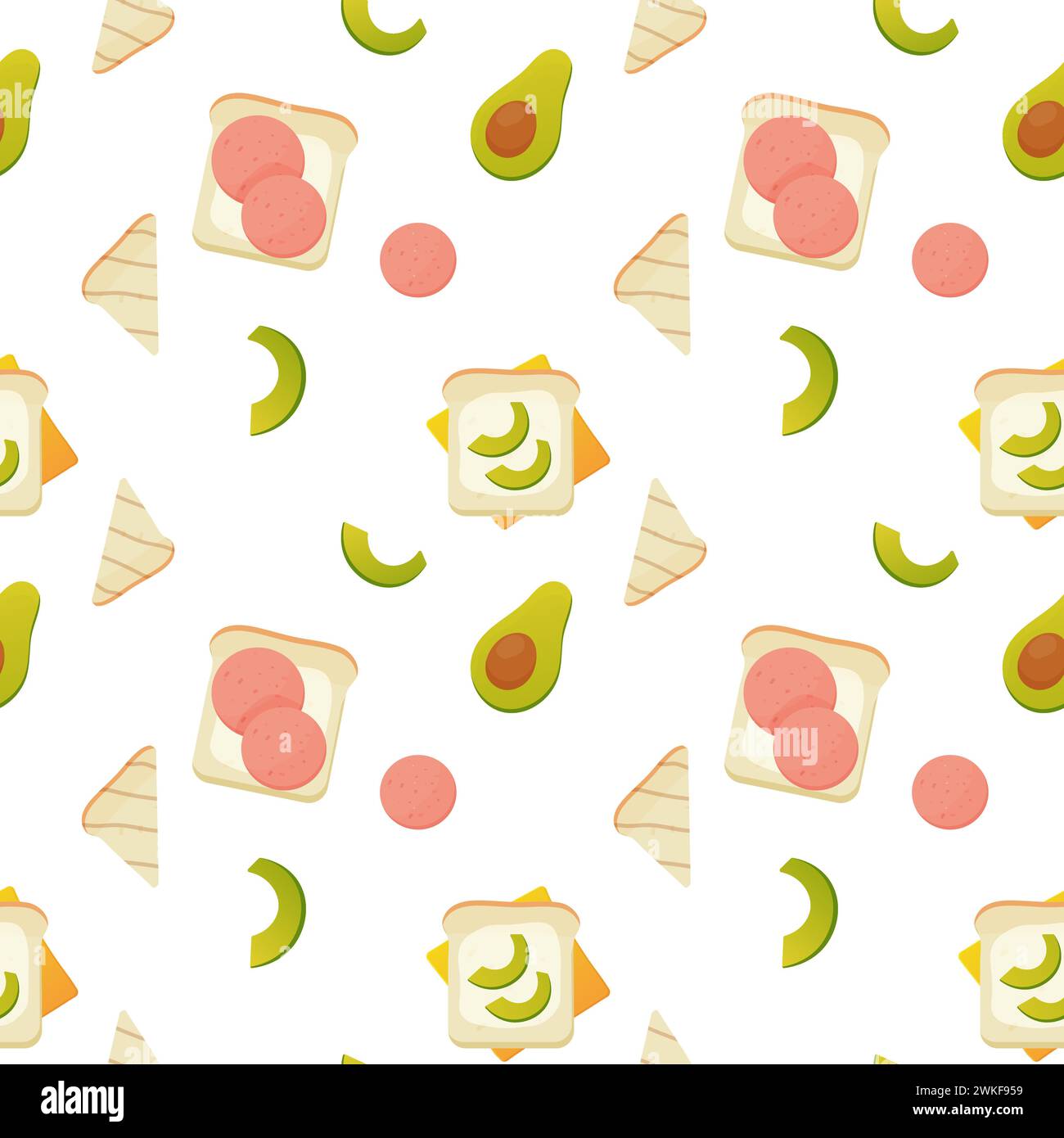 Seamless pattern, breakfast sandwiches, toast with avacado and sausage, vector. For wrapping ...