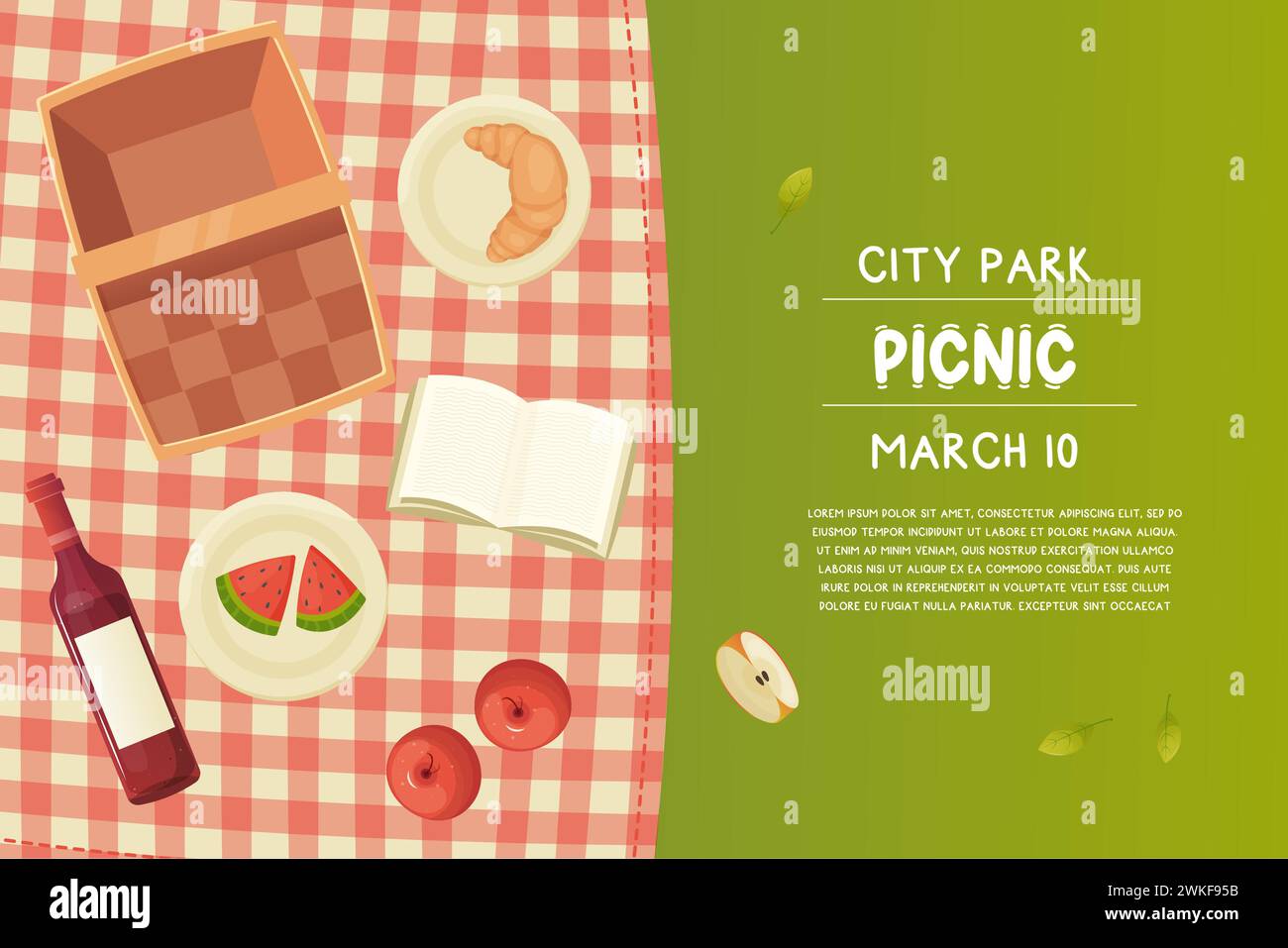 poster invitation to a city picnic, green grass, picnic basket, food in ...