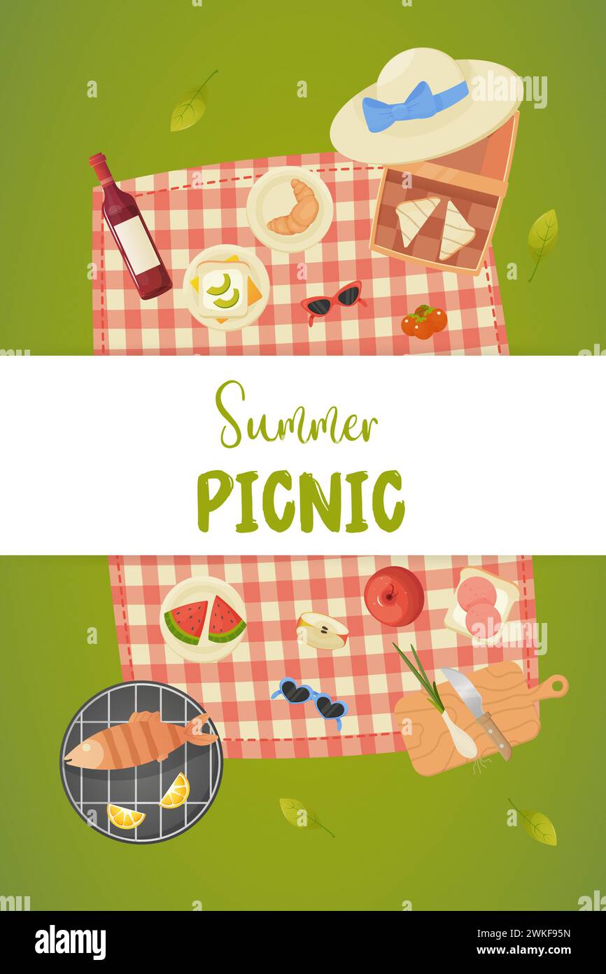 poster summer picnic, green grass, picnic basket, food in nature ...