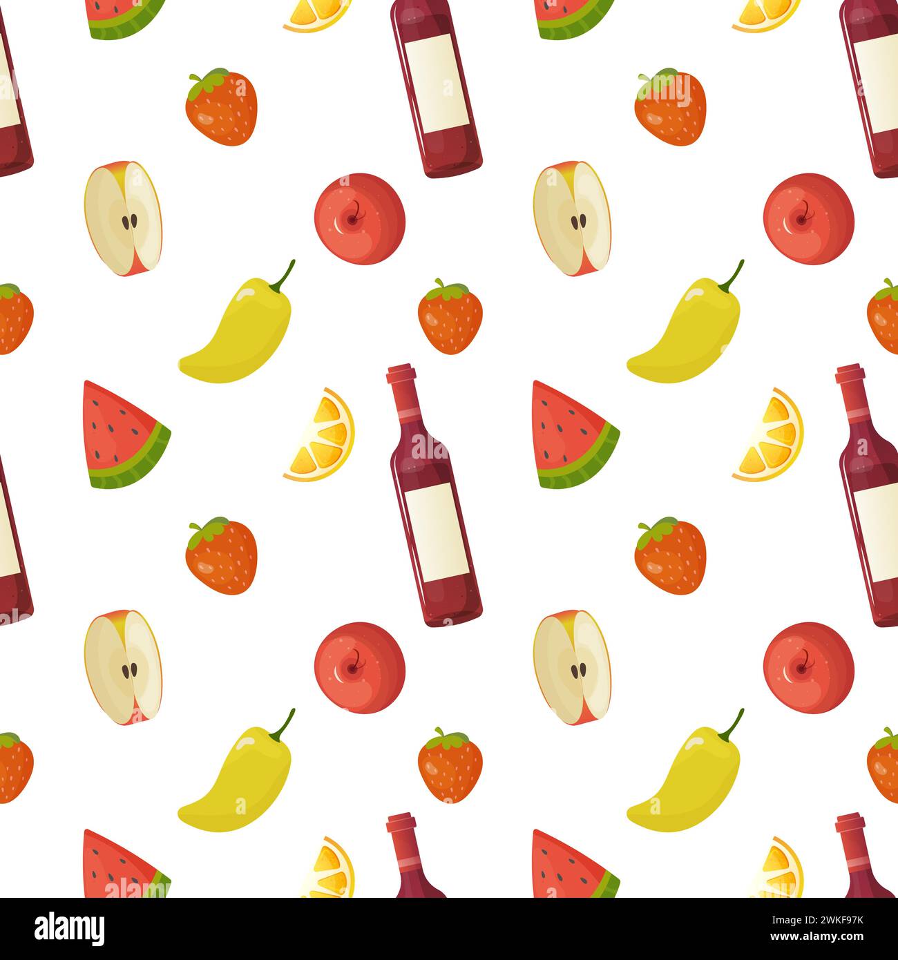 Seamless pattern, different products, food. fish, pepper, tomato ...