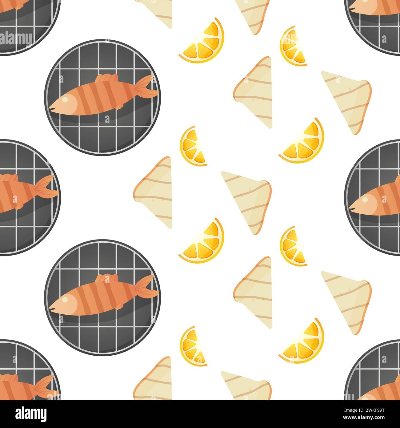 Seamless pattern, fish barbecue and toast, vector. For wrapping paper ...