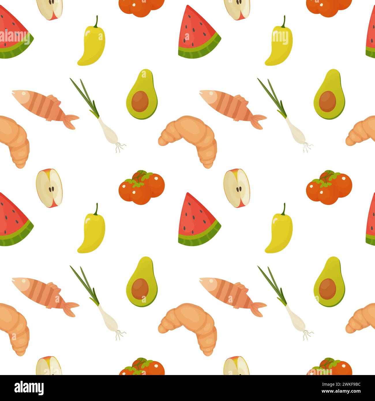 Seamless pattern, different products, food. fish, pepper, tomato ...