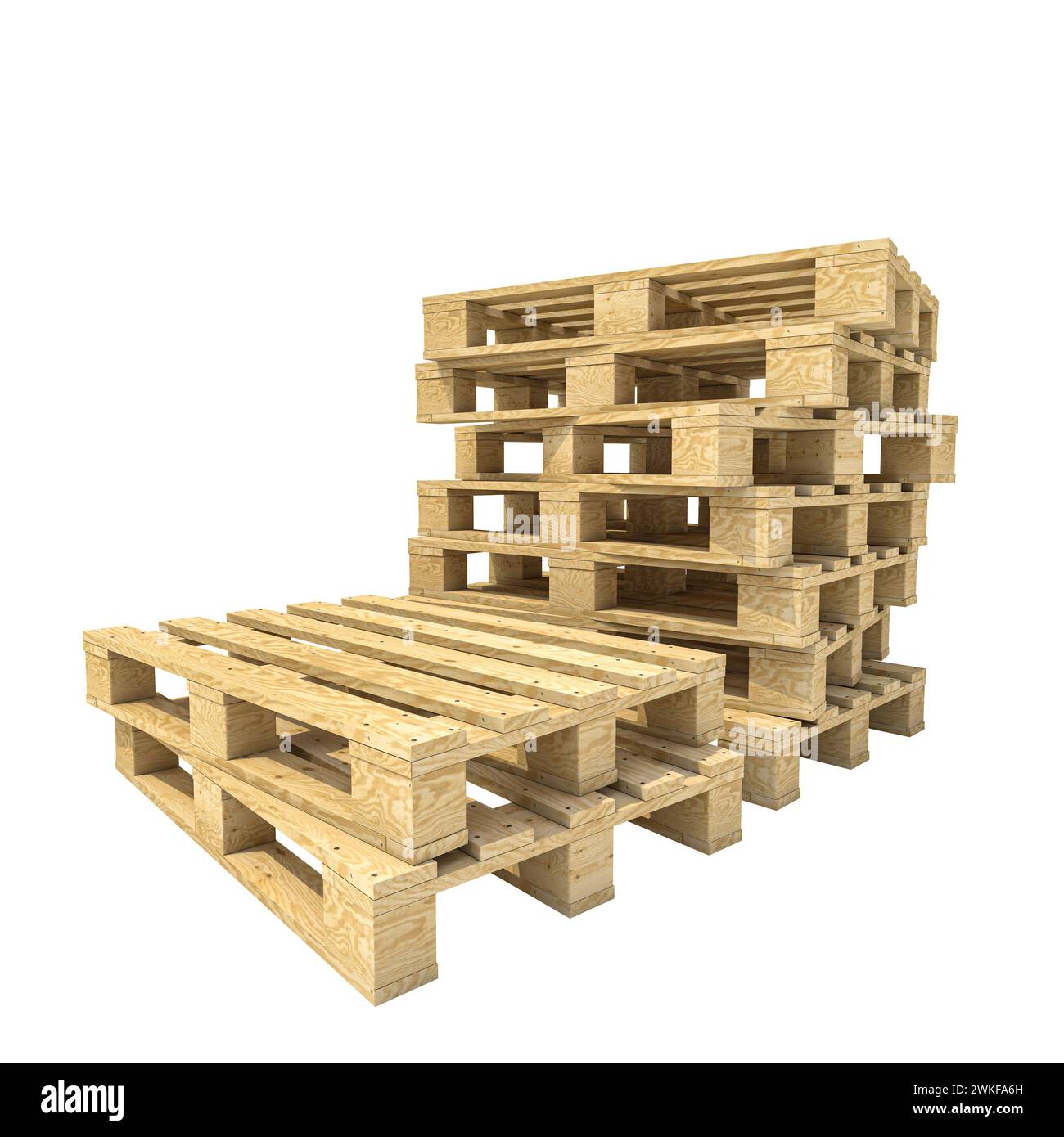 stack of industrial wooden pallets on a white background. 3d render ...