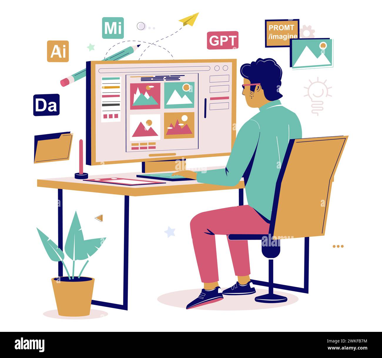 Graphic designer using AI technology for work vector illustration Stock ...