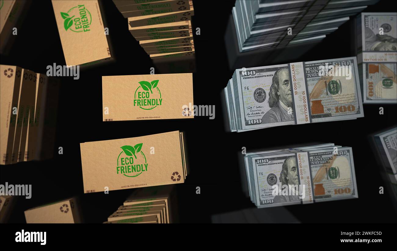 Eco friendly box and US Dollar money bundle stacks. cardboard pack ...