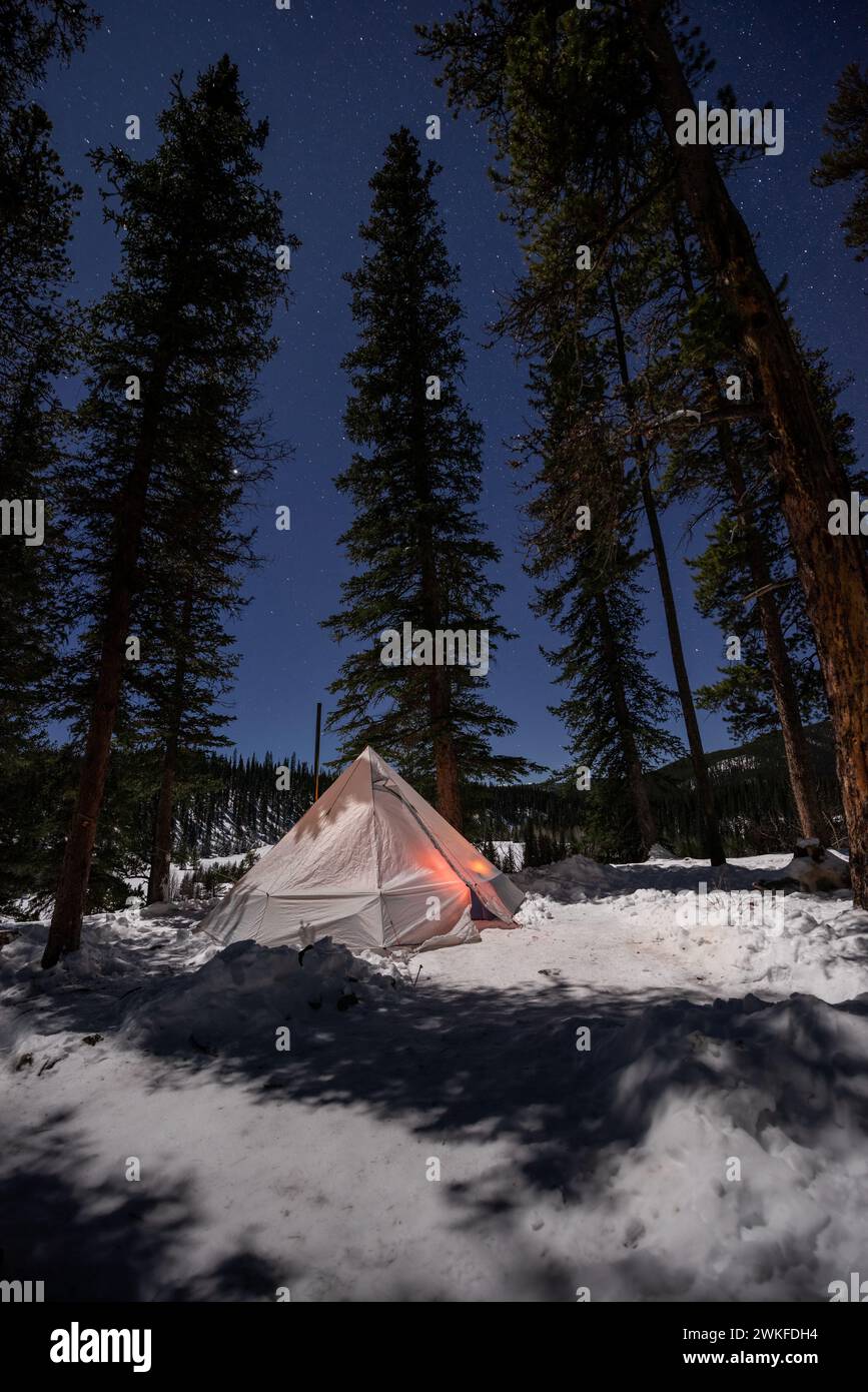 Winter Tent Camping - White Teepee with chimney surrounded by tall ...