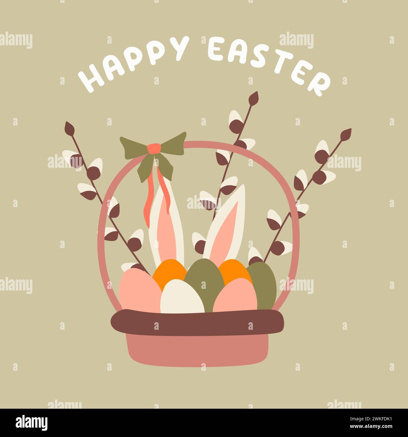Easter egg Basket with Willow Branches, Bunny Ear and Text Happy Easter. Flat Cartoon Isolated ...