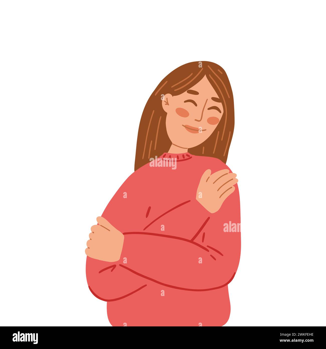 Hand drawn vector illustration of girl hugging herself, self love and ...