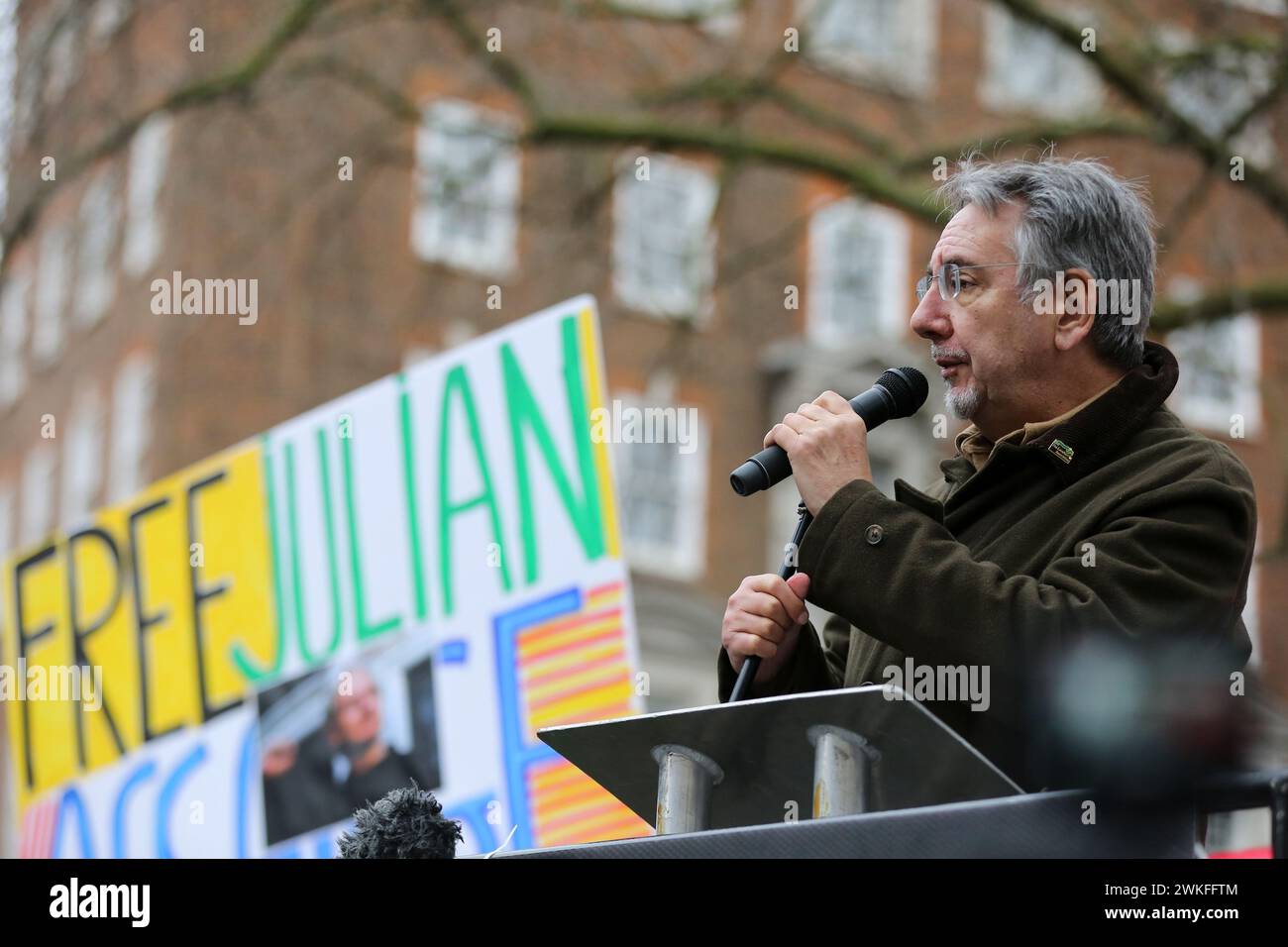 London, UK. 20th Feb, 2024. Dr John Rees gives a speech outside the ...
