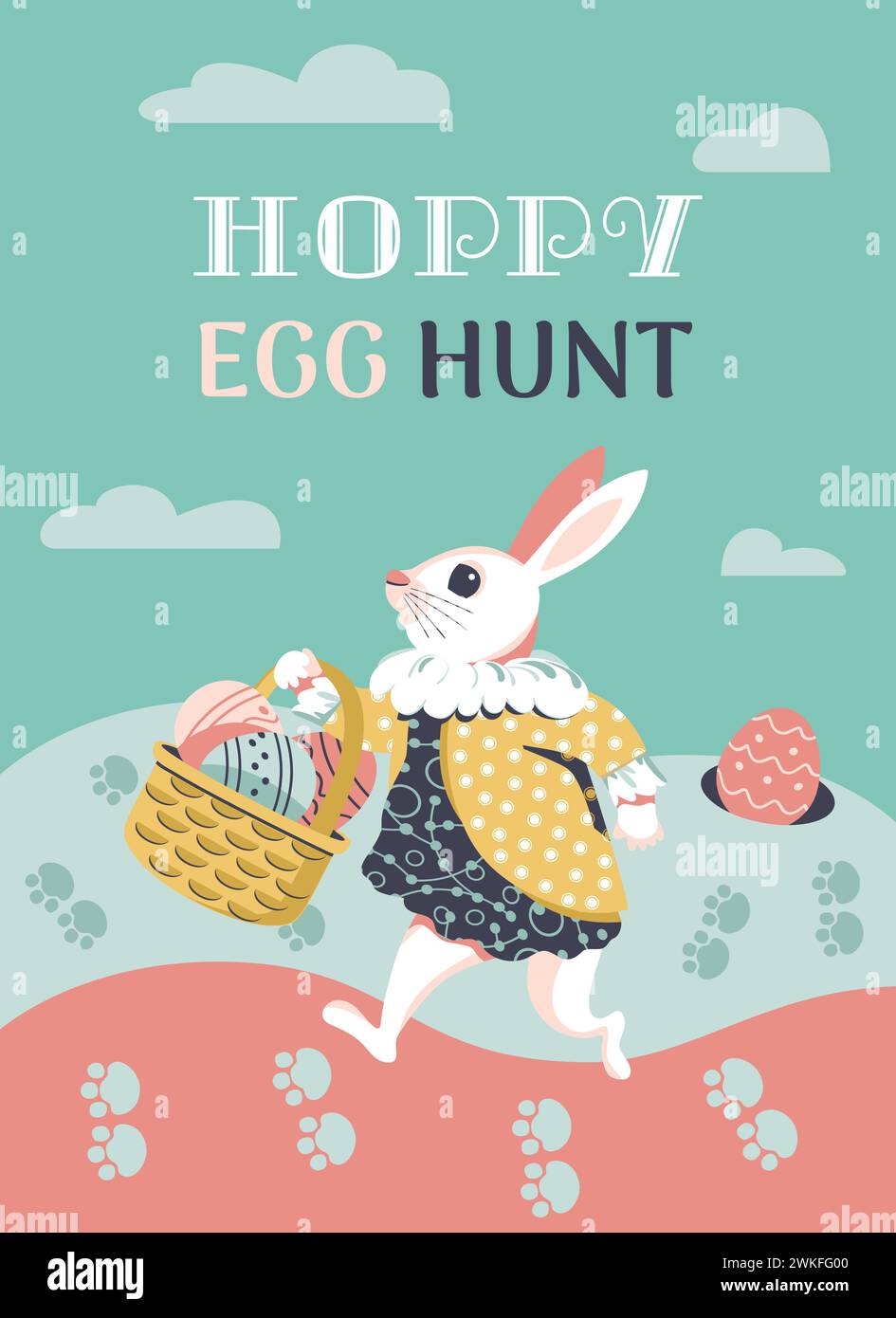 Hoppy Egg Hunt fancy Easter game vector poster. Basket, Easter eggs, rabbit footprints cartoon ...