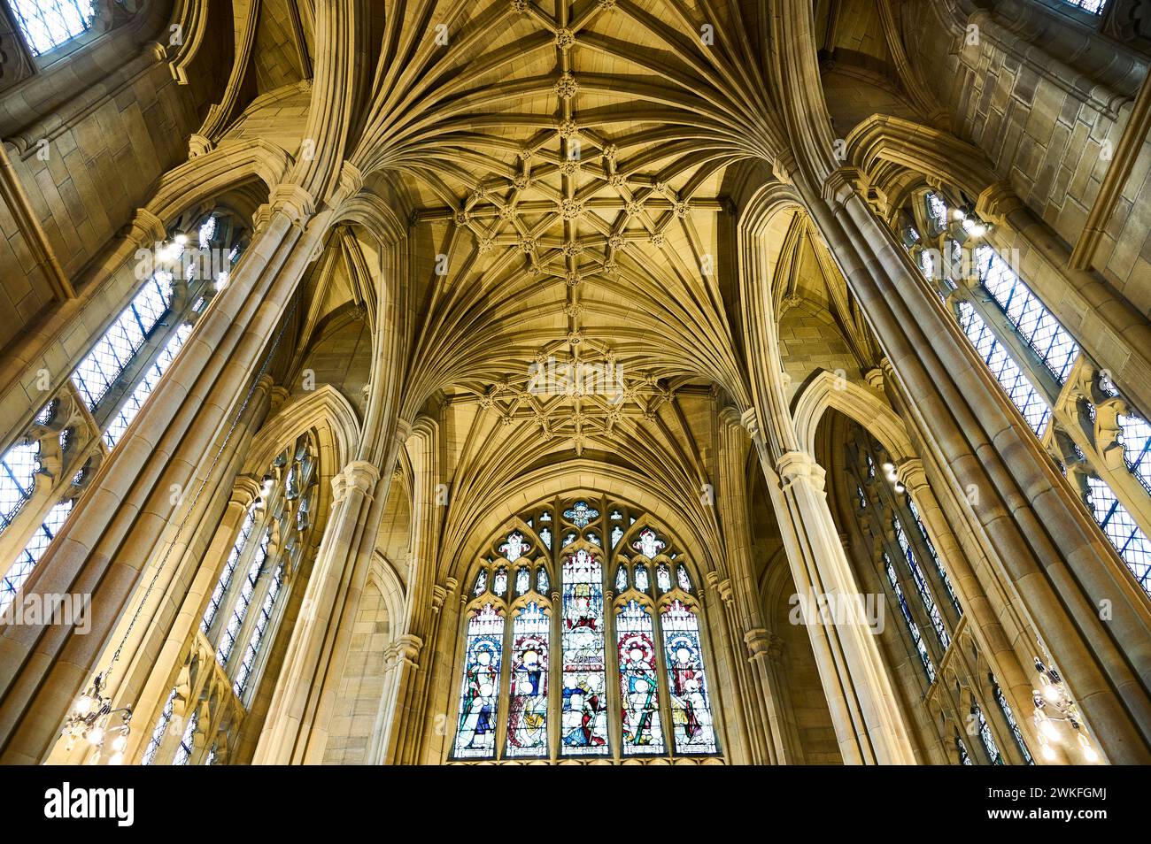 Wakefield Cathedral,Yorkshire,UK.The vaulted ciling and stained glass ...