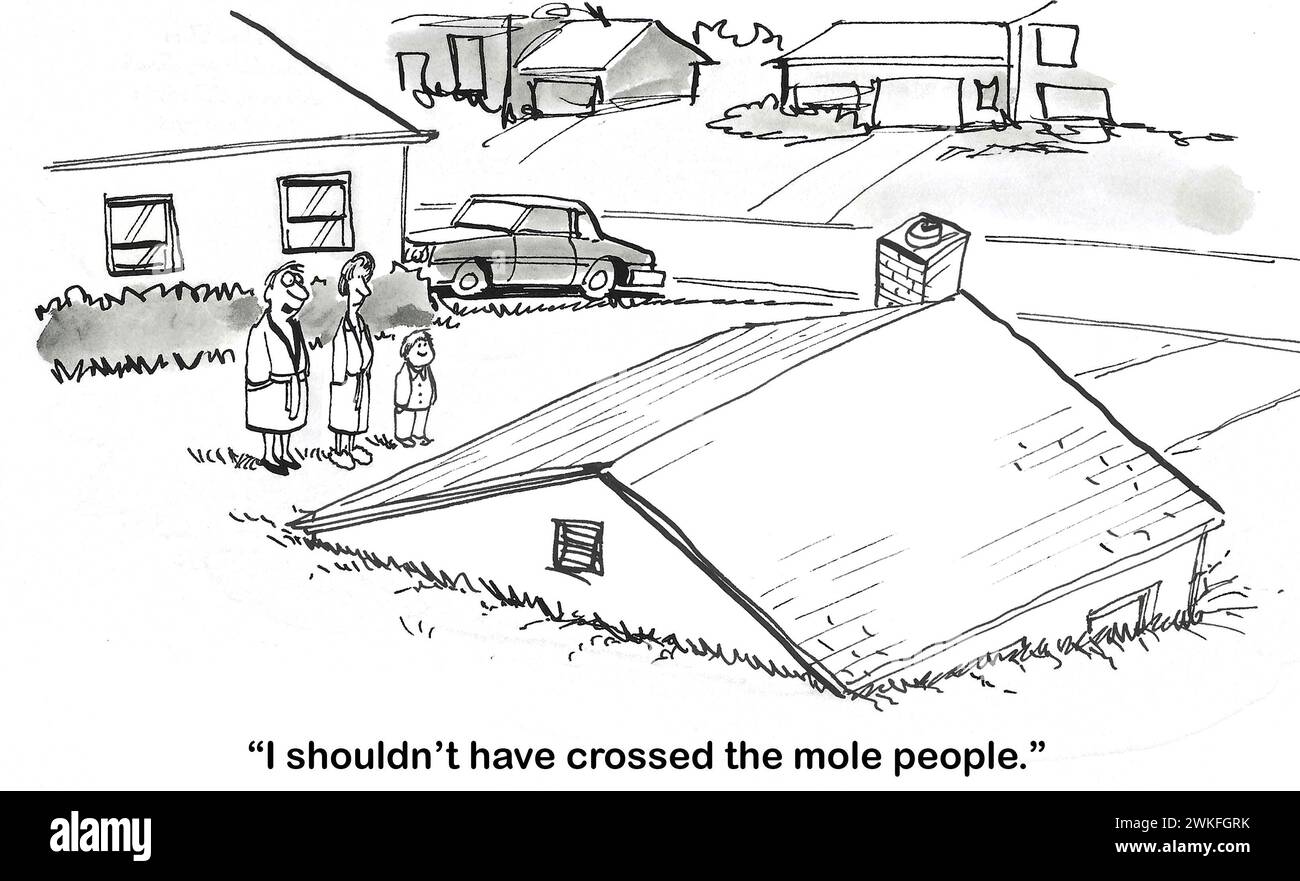 BW cartoon of a house sunk into the ground. The father says he should ...