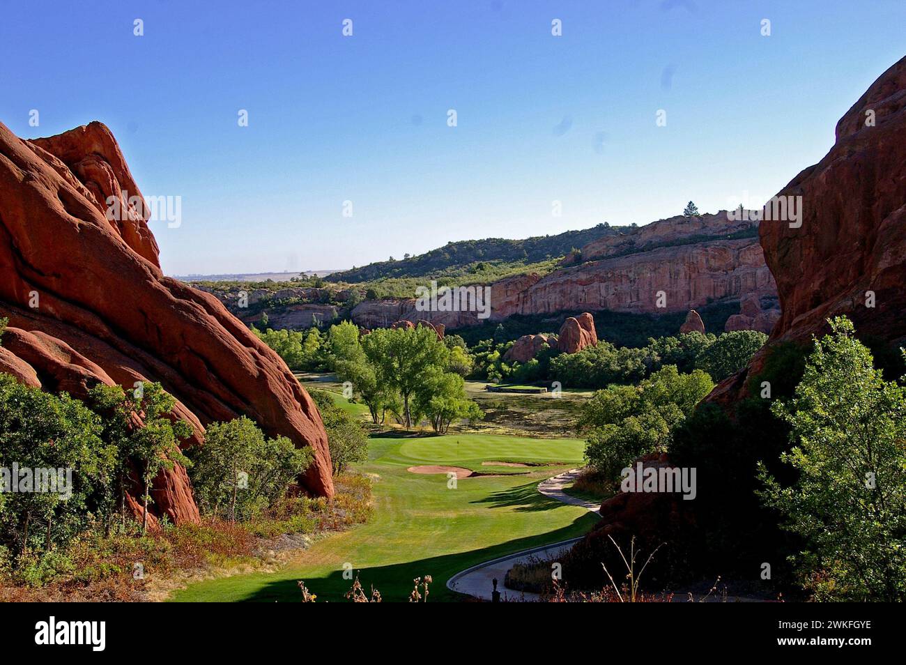 Scenic view of the golf course at Red Rocks, focusing on the green ...