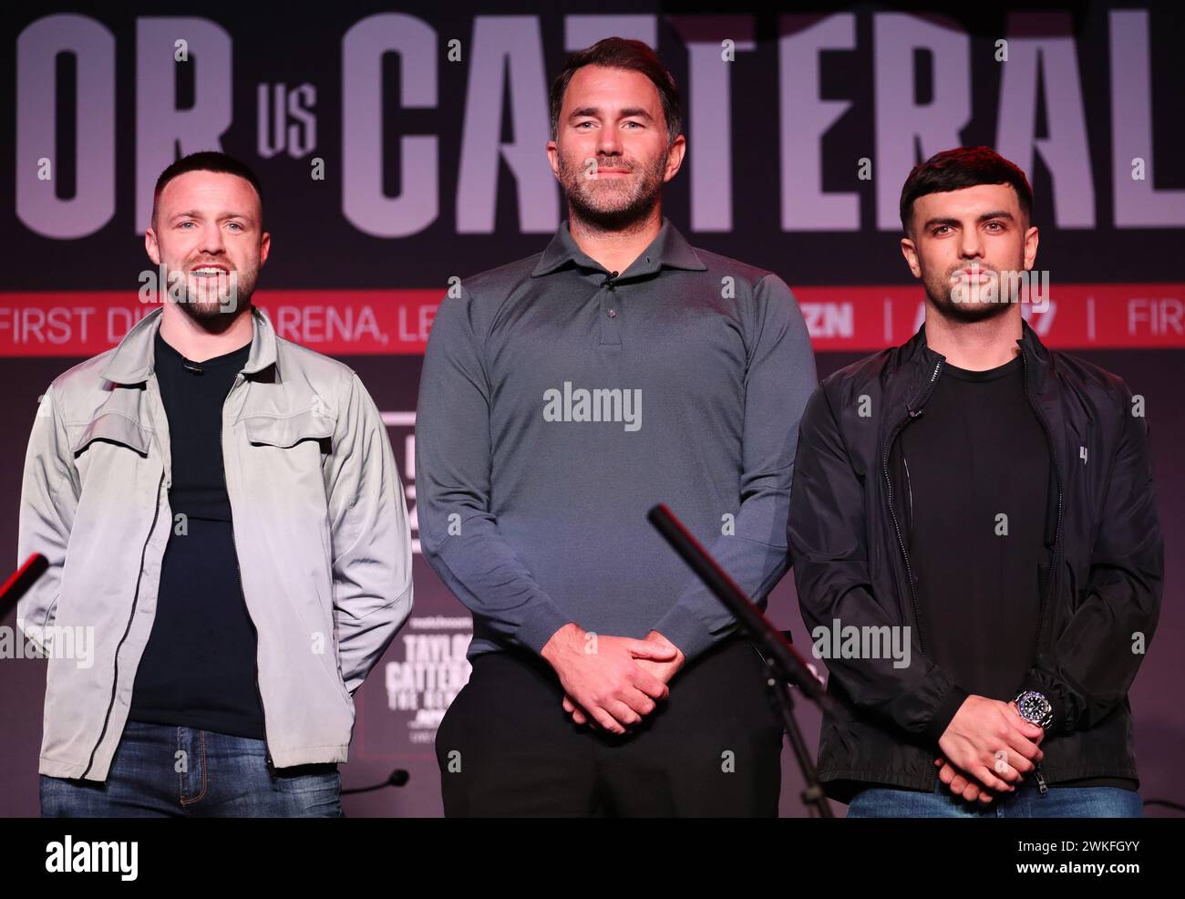 Josh Taylor, Eddie Hearn and Jack Catterall during a press conference New Century Hall ...