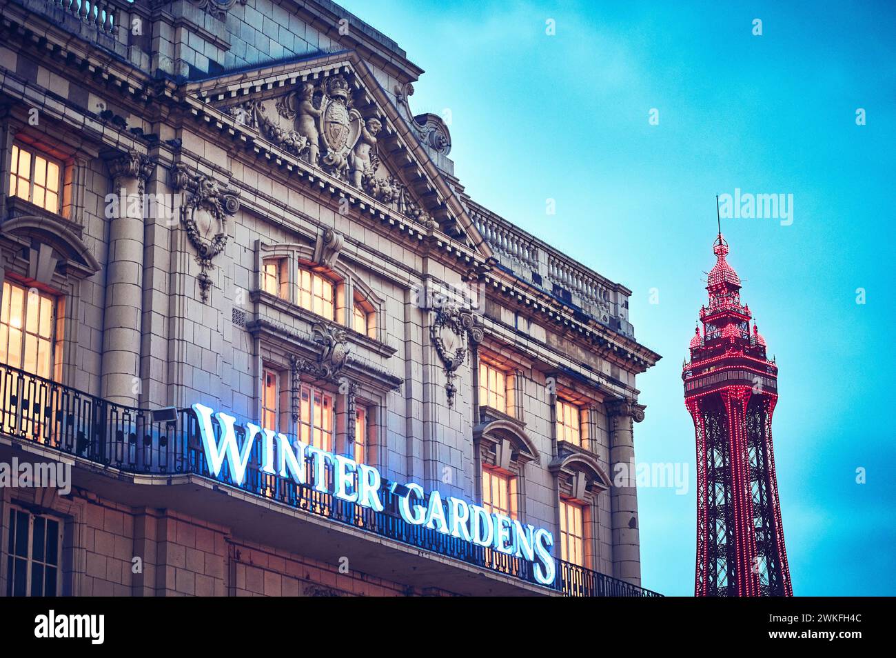 Blackpool Winter Gardens with the tower lit up in red Stock Photo - Alamy