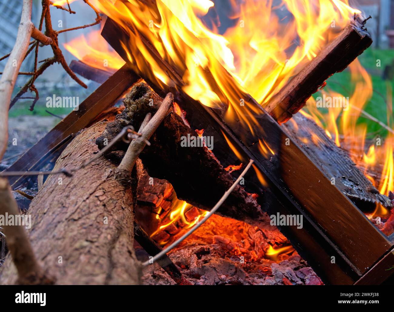 Wood burning on a garden bonfire Stock Photo - Alamy