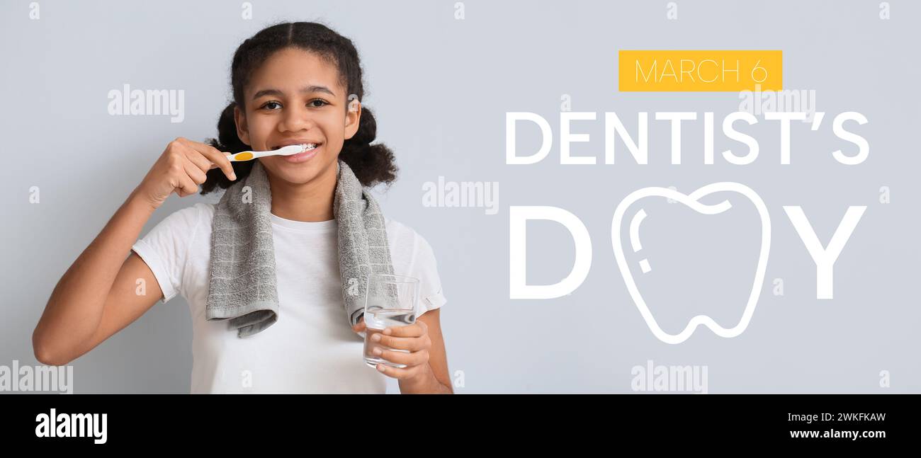 Banner for Dentist's Day with African-American girl brushing teeth ...