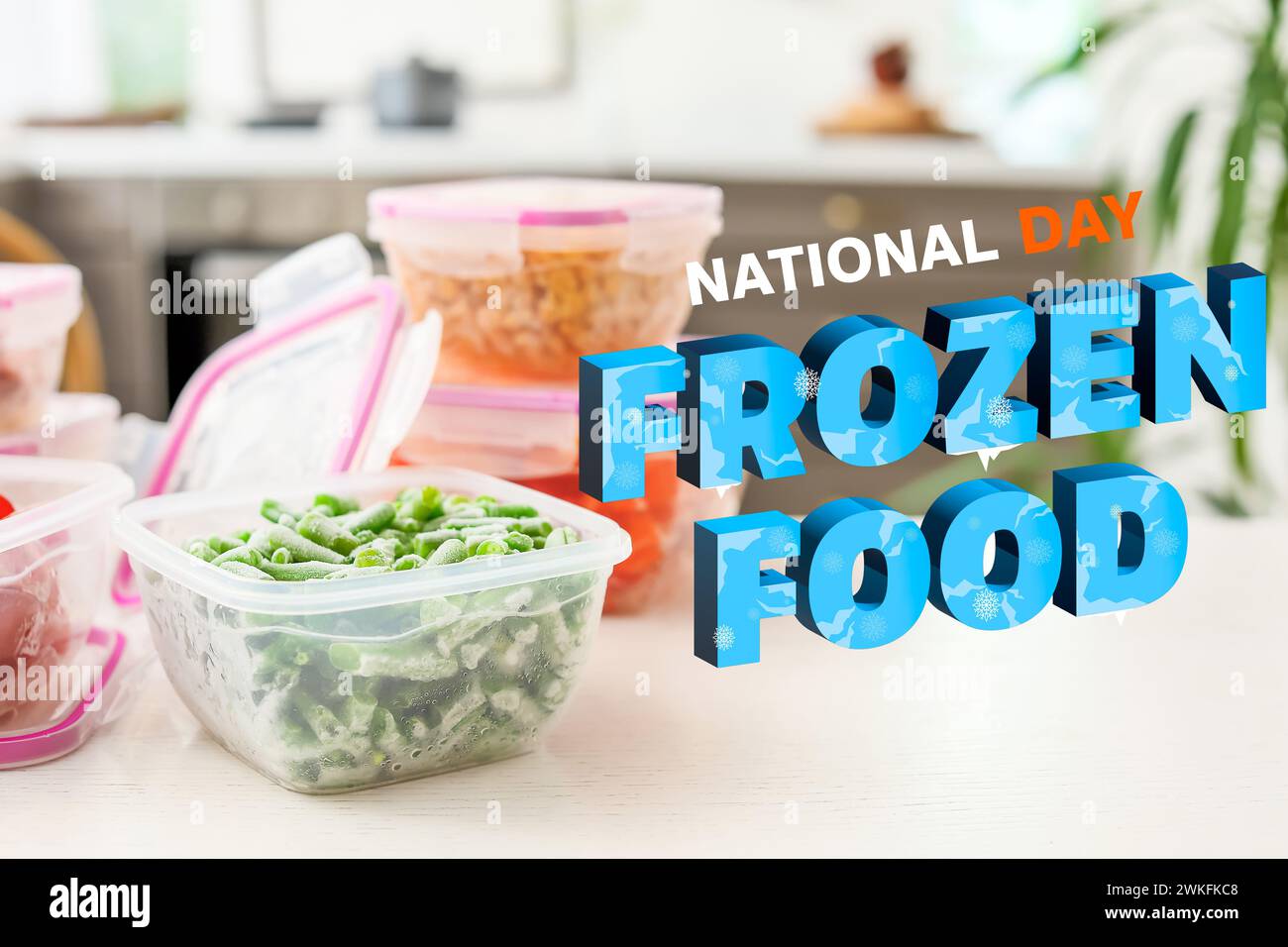Banner for National Frozen Food Day with frozen vegetables in plastic ...
