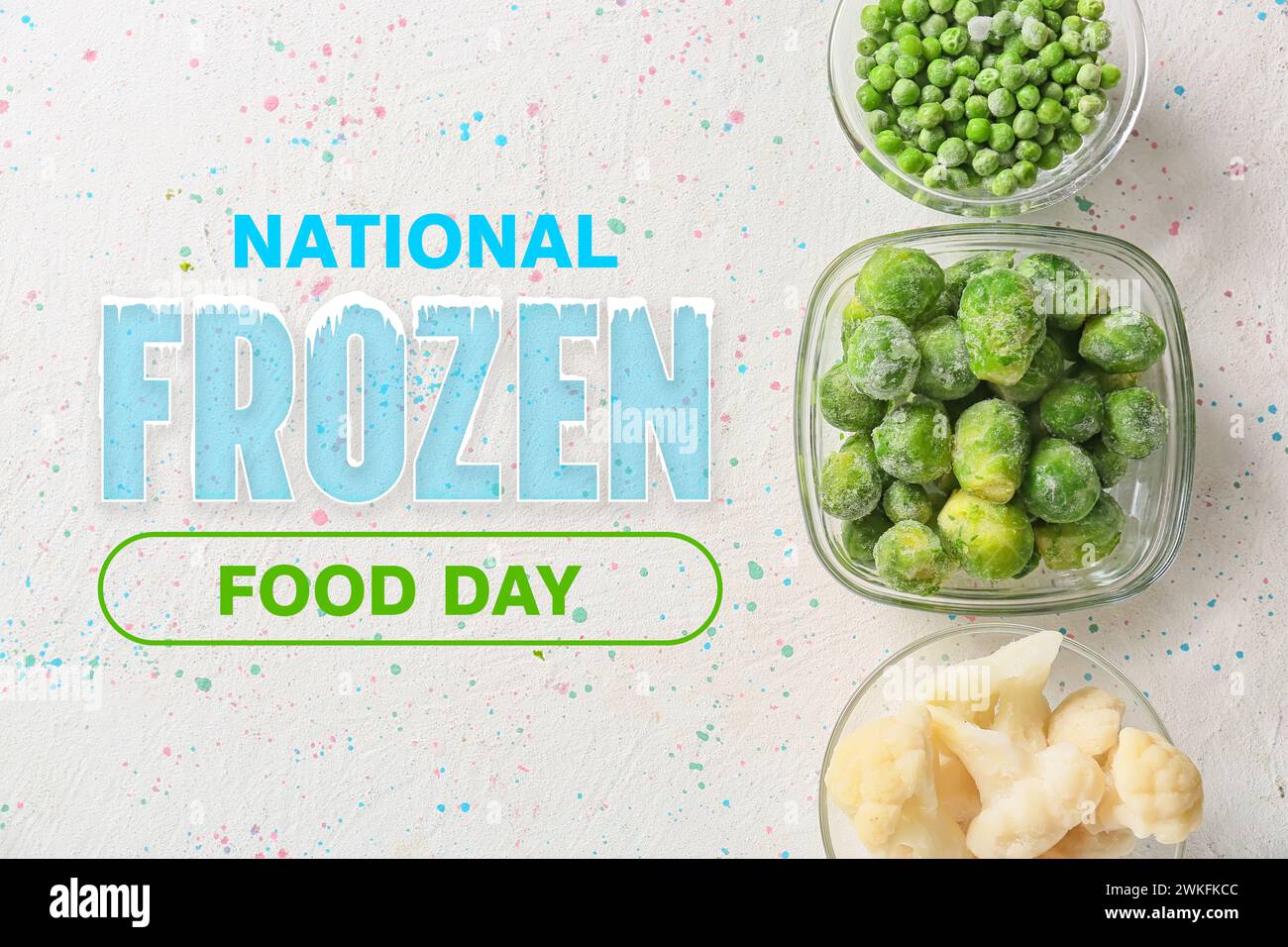 Banner for National Frozen Food Day with frozen vegetables in bowls ...