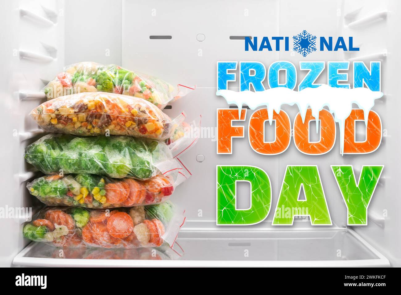 Banner for National Frozen Food Day with frozen vegetables in fridge ...