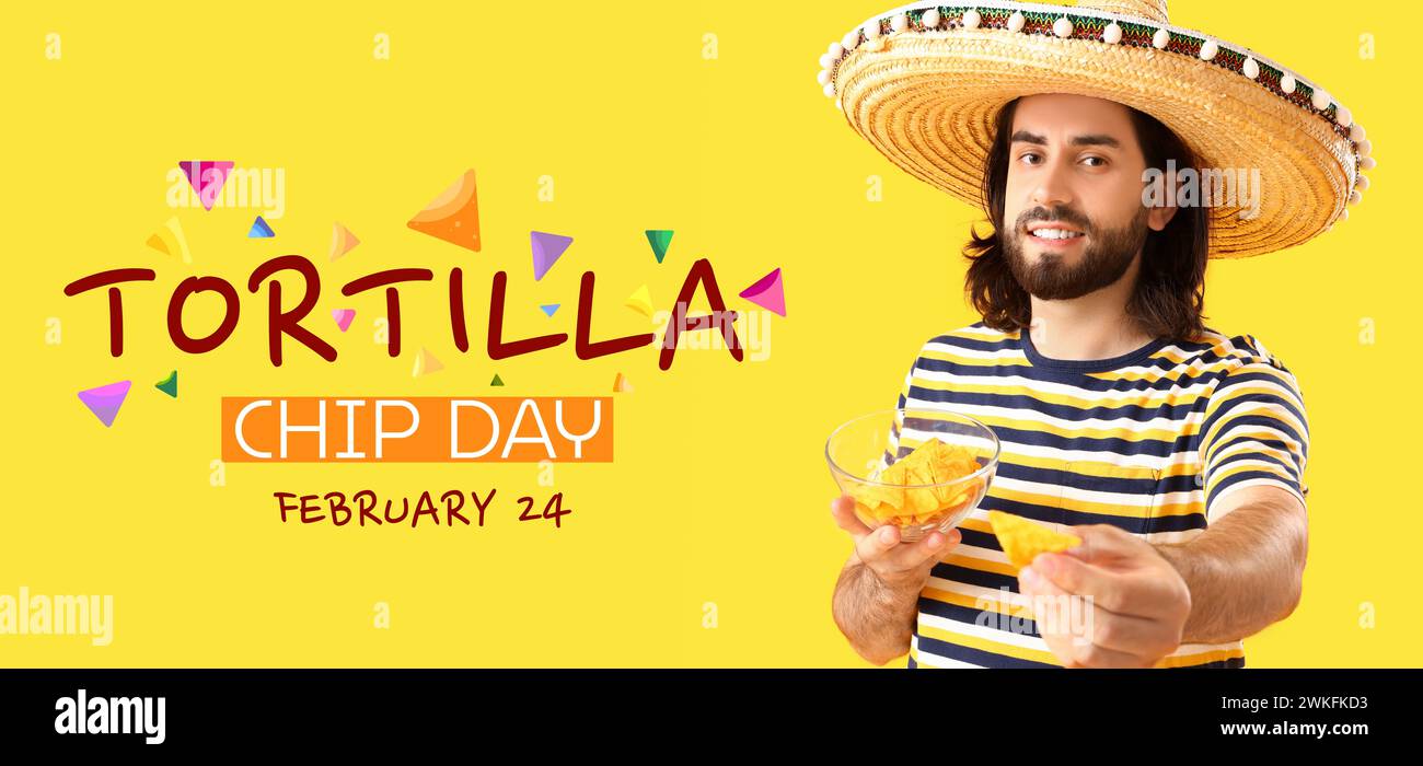 Festive banner for National Tortilla Chip Day with Mexican man eating ...