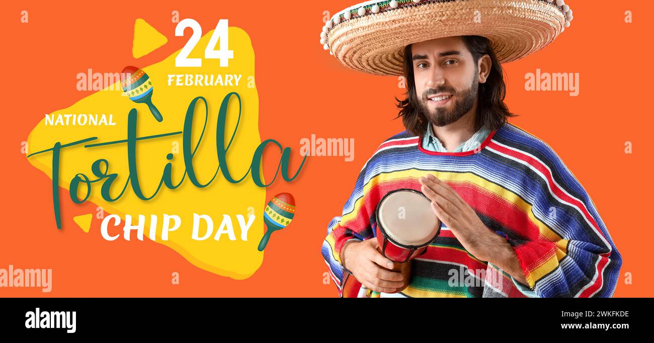 Festive banner for National Tortilla Chip Day with Mexican man playing ...