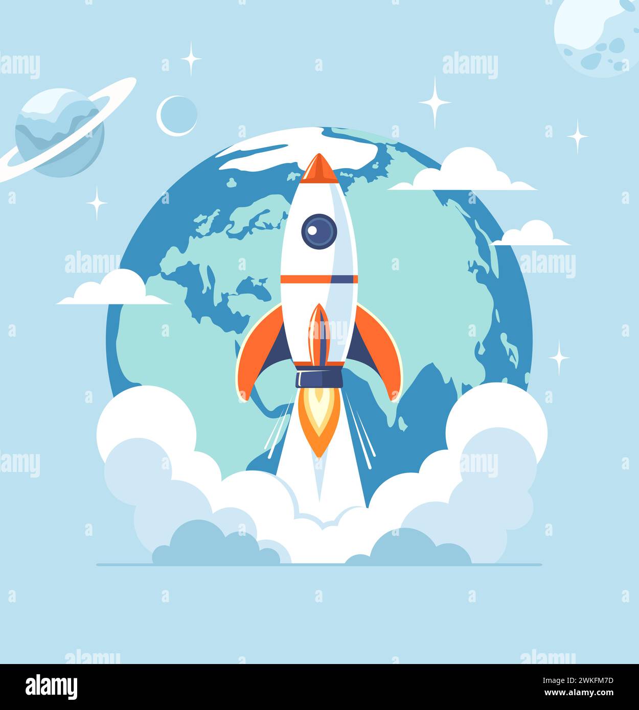 Rocket launch with Earth globe and blue sky on background, flat vector ...