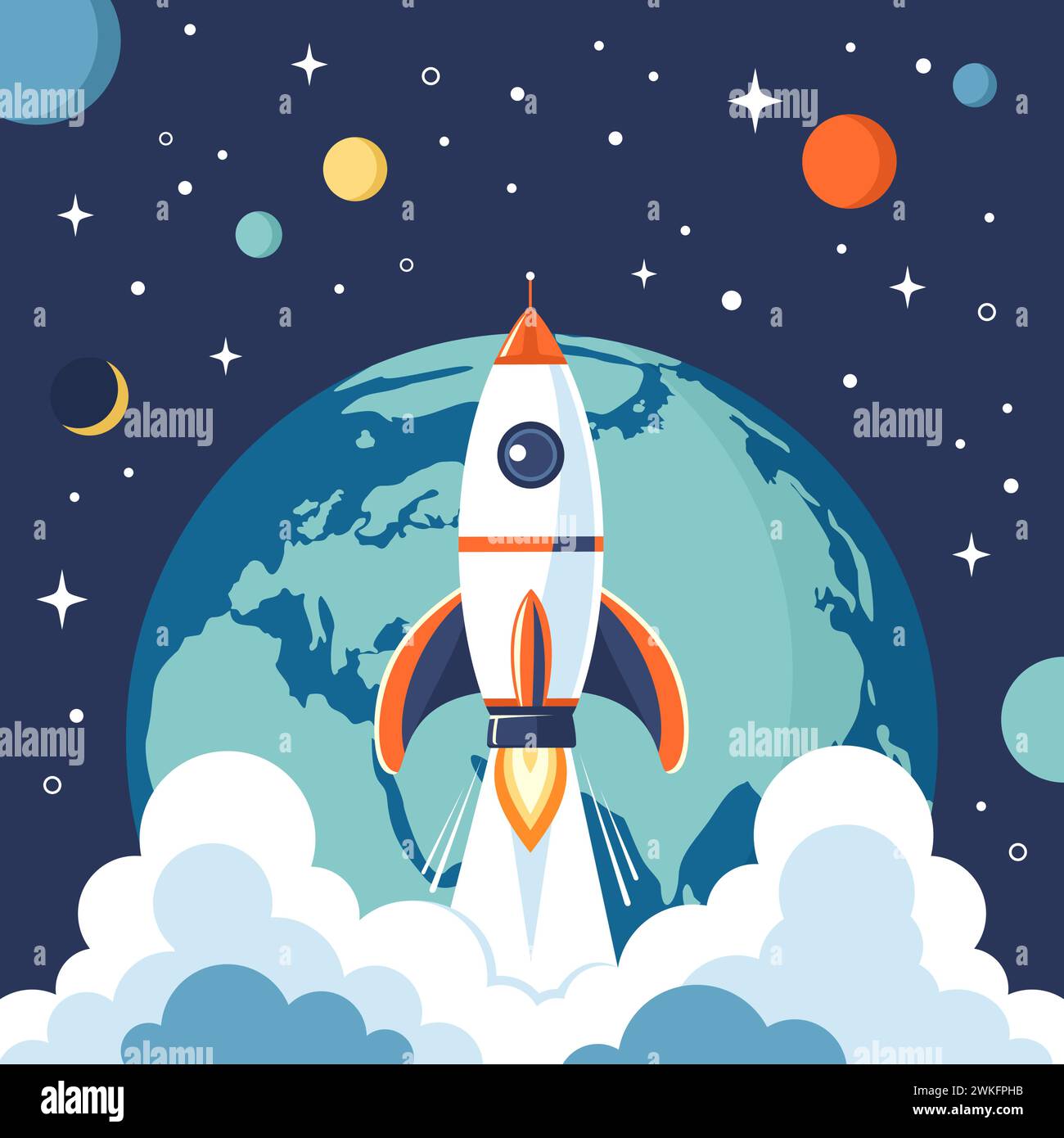 Rocket launch into space with Earth globe on background, flat vector illustration Stock Vector ...