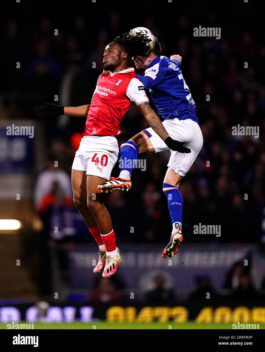 Rotherham United's Peter Kioso (left) and Ipswich Towns' Leif Davis ...
