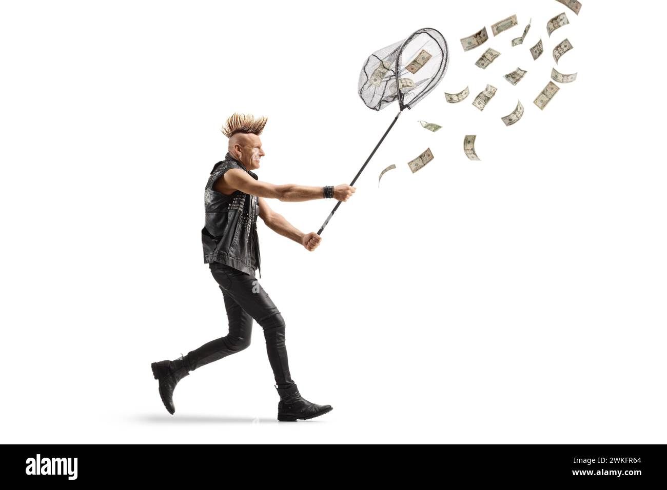 Punk in leather clothes running and catching money with a net isolated ...