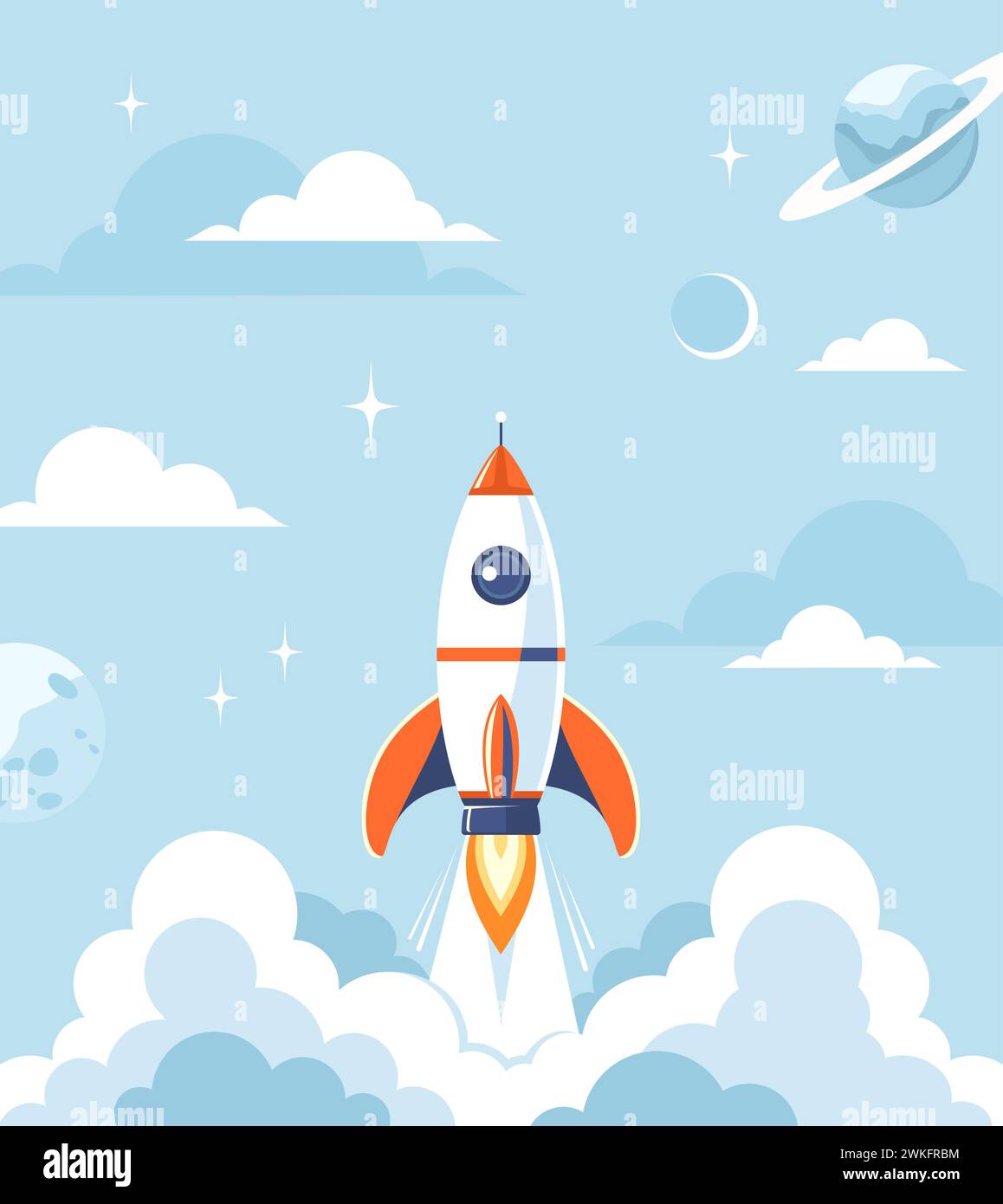Rocket launch with blue cloudy sky on background, flat vector ...