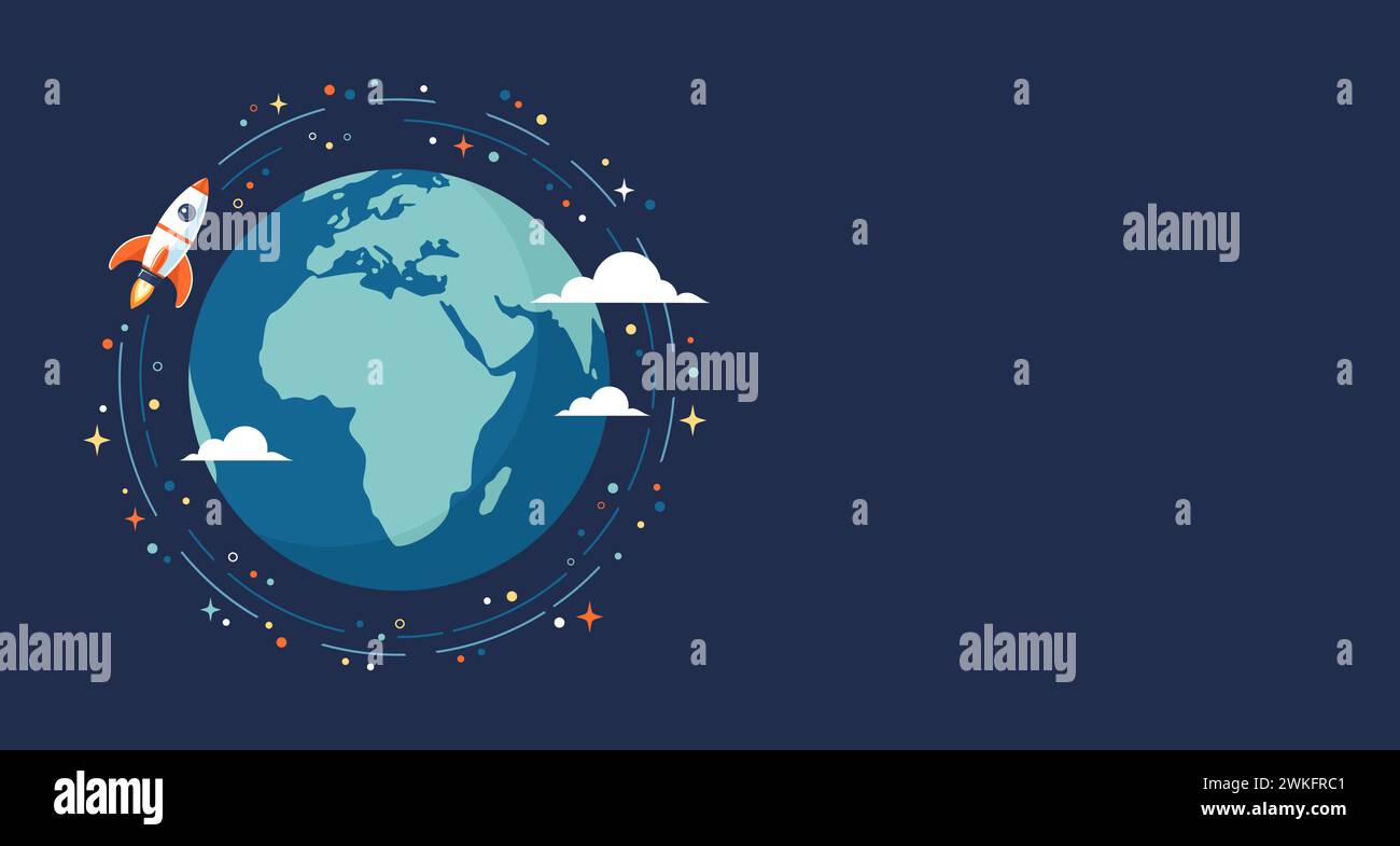 Rocket flying around Earth globe in space, copy space. Flat vector ...