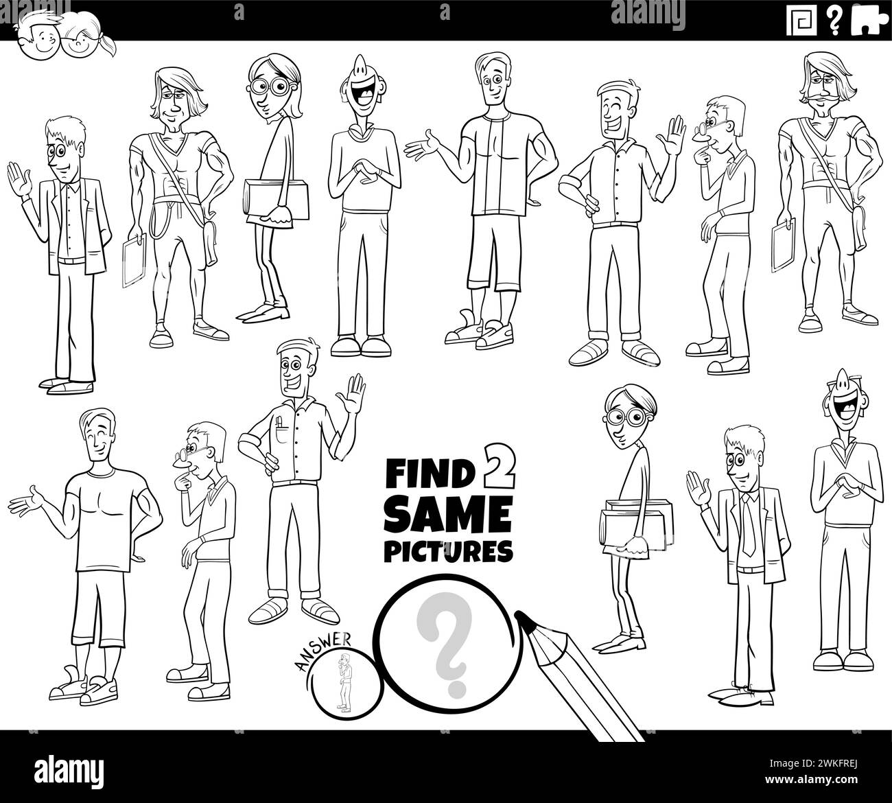 Cartoon illustration of finding two same pictures educational activity ...