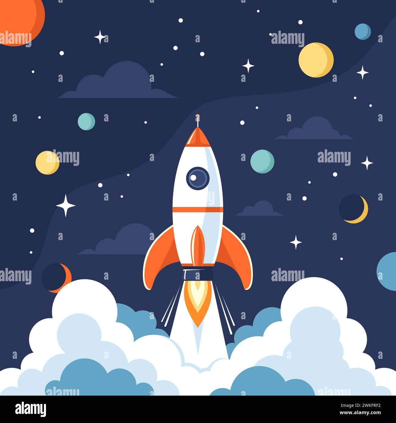 Rocket launch into space with planets and stars in the background ...