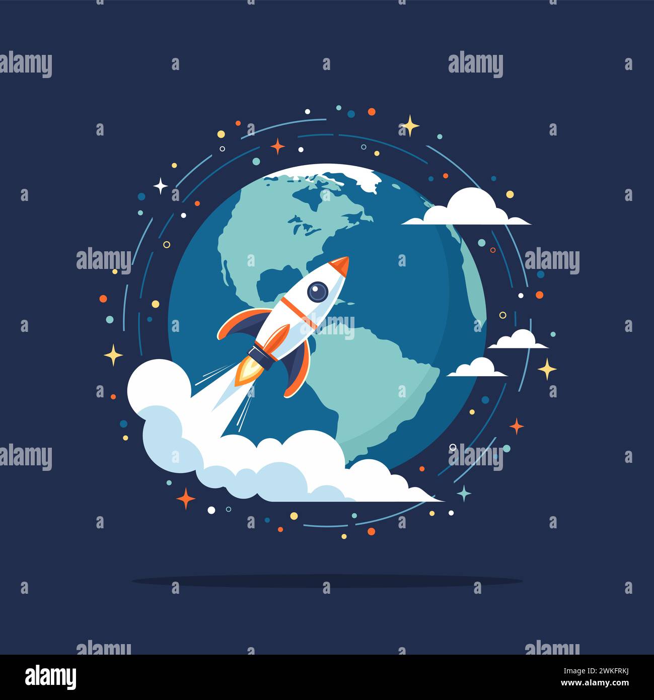 Rocket flying around Earth globe in space, flat vector illustration ...
