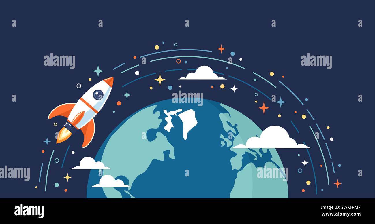 Rocket flying around Earth planet in space, flat vector illustration ...