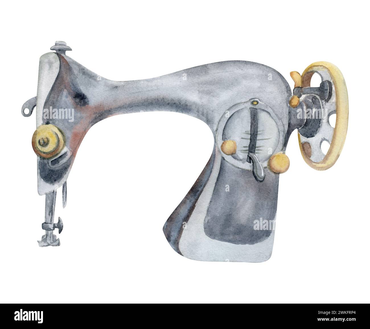 Hand drawn watercolor illustration sewing craft supplies. Vintage retro ...