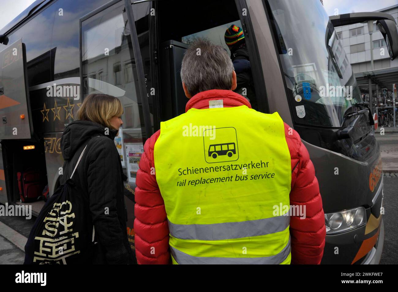 yellow rail replacement bus service sign, black letters and pictogram ...