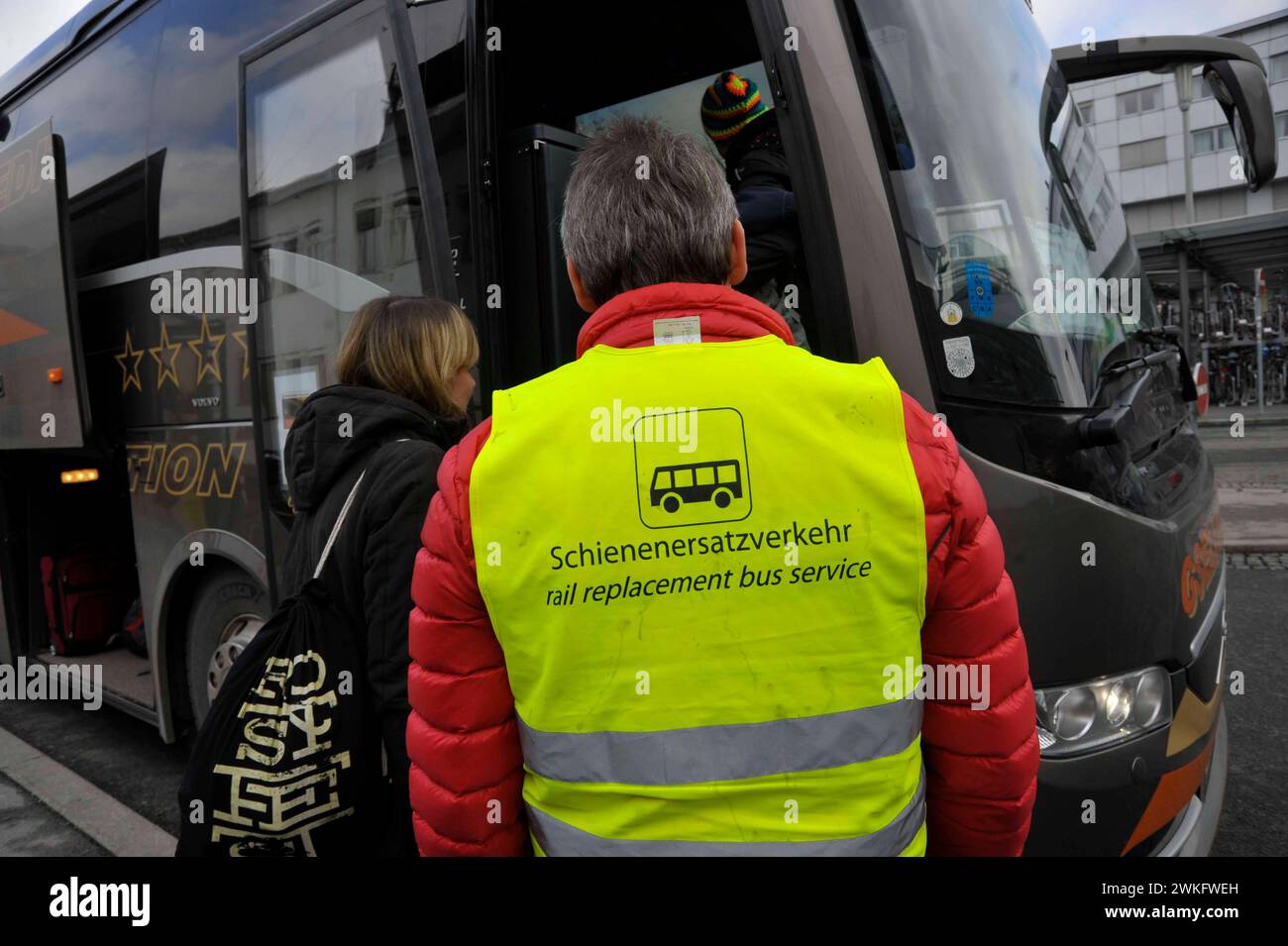 yellow rail replacement bus service sign, black letters and pictogram ...