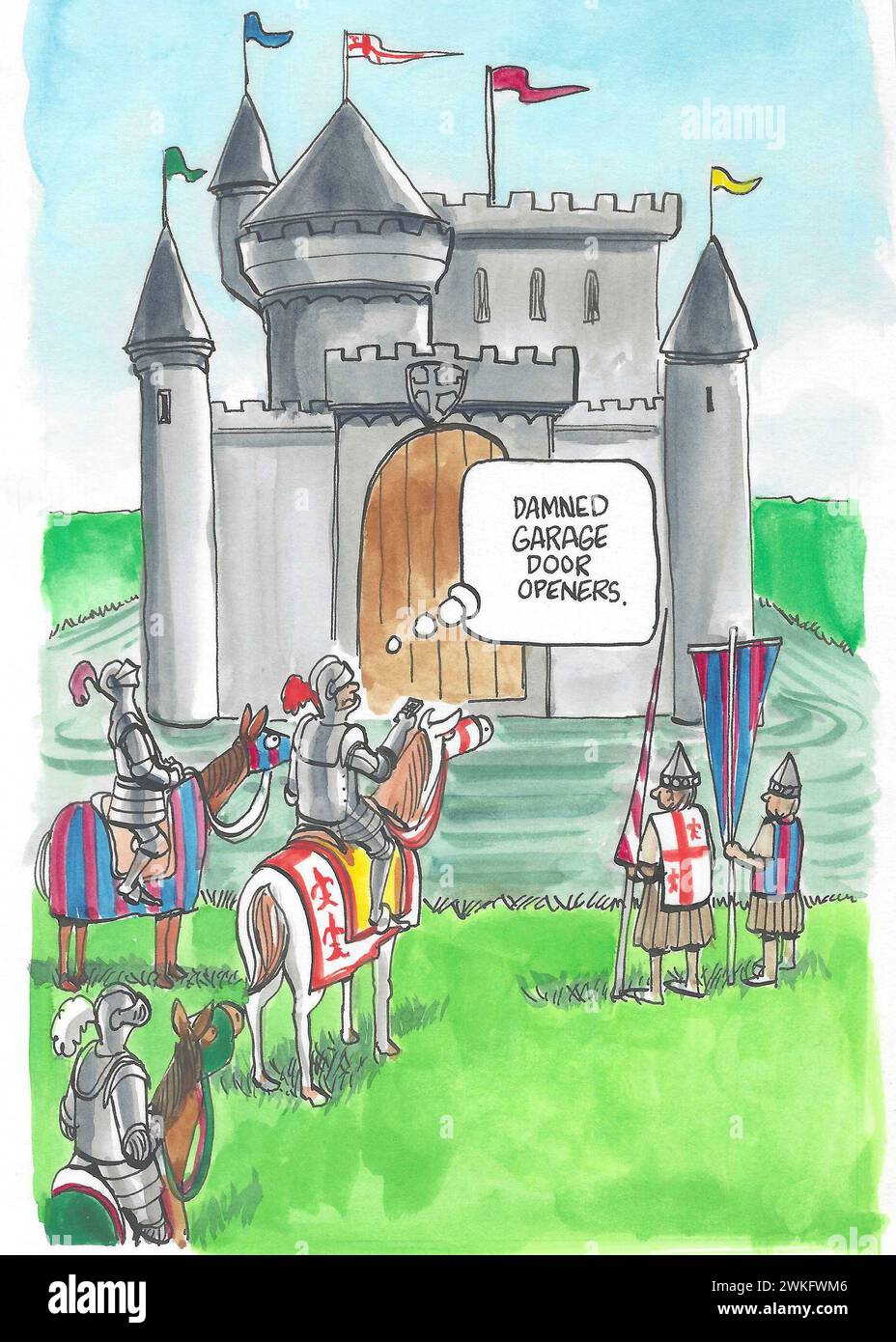 Color cartoon of a knight and his soldiers stuck on land. The knight's ...