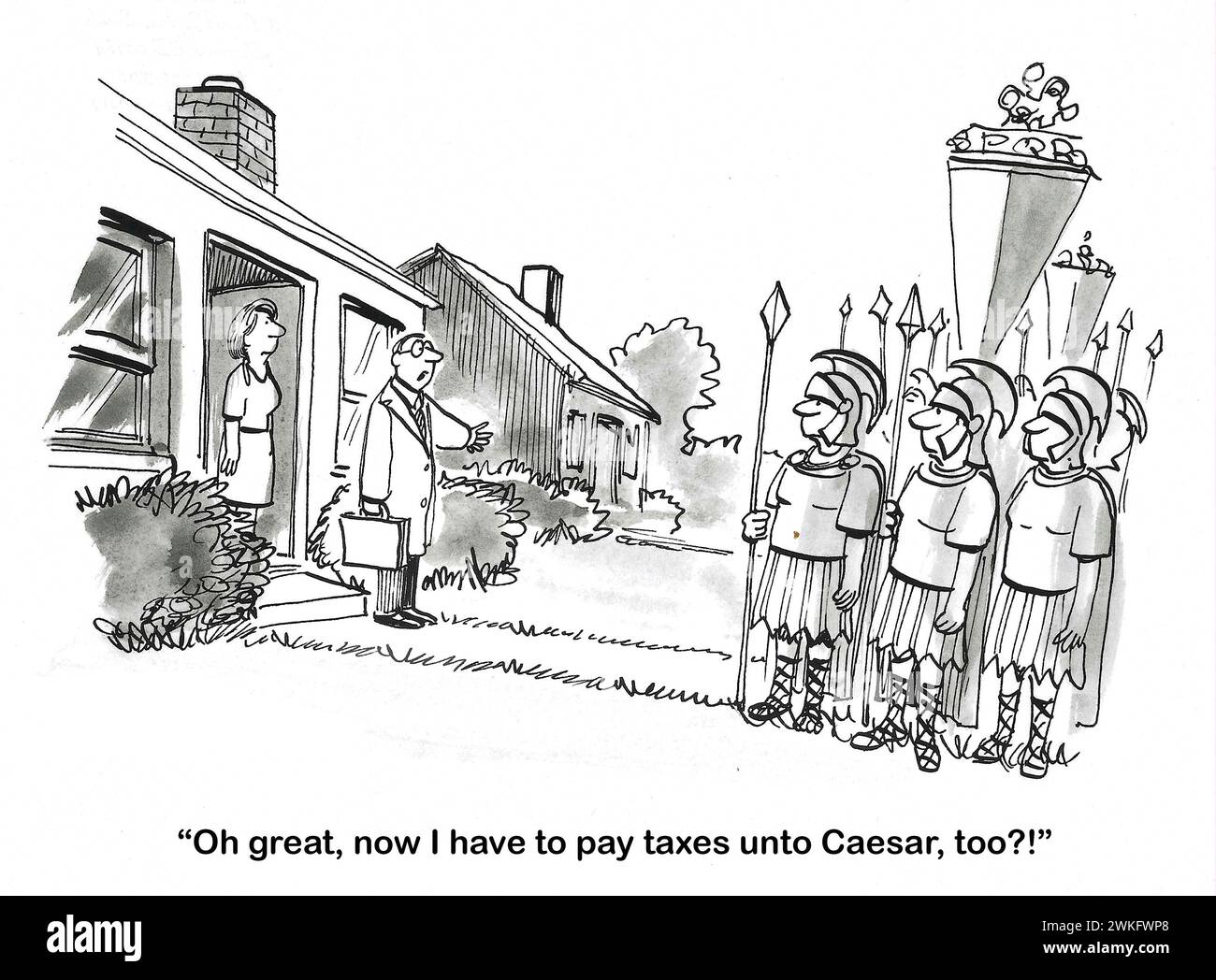 BW cartoon of a husband and wife at home with a huge legion of soldiers ...