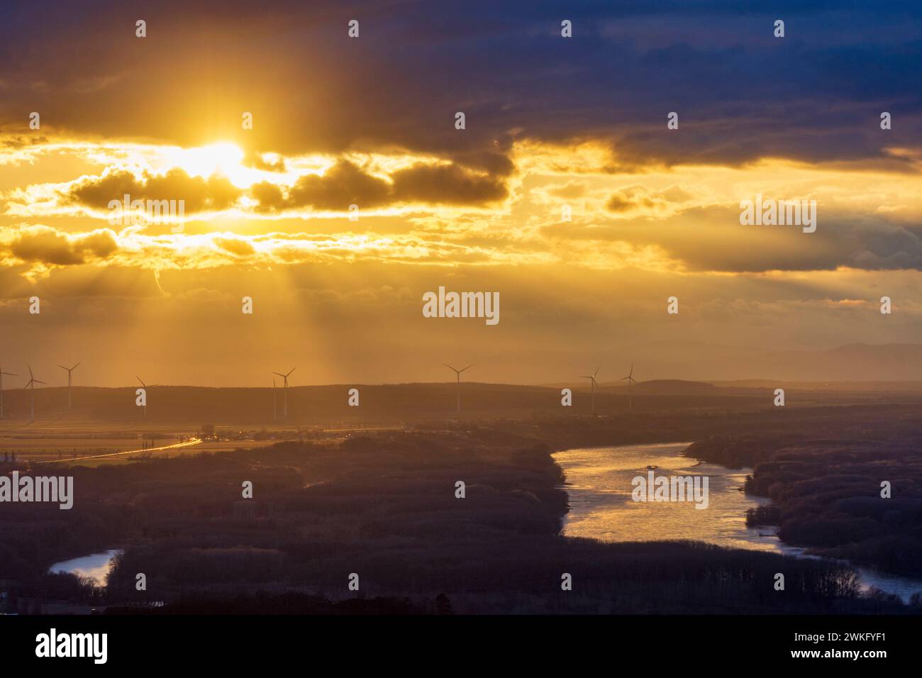 river Donau Danube with ship, oxbow lake, Vienna Basin, national park ...