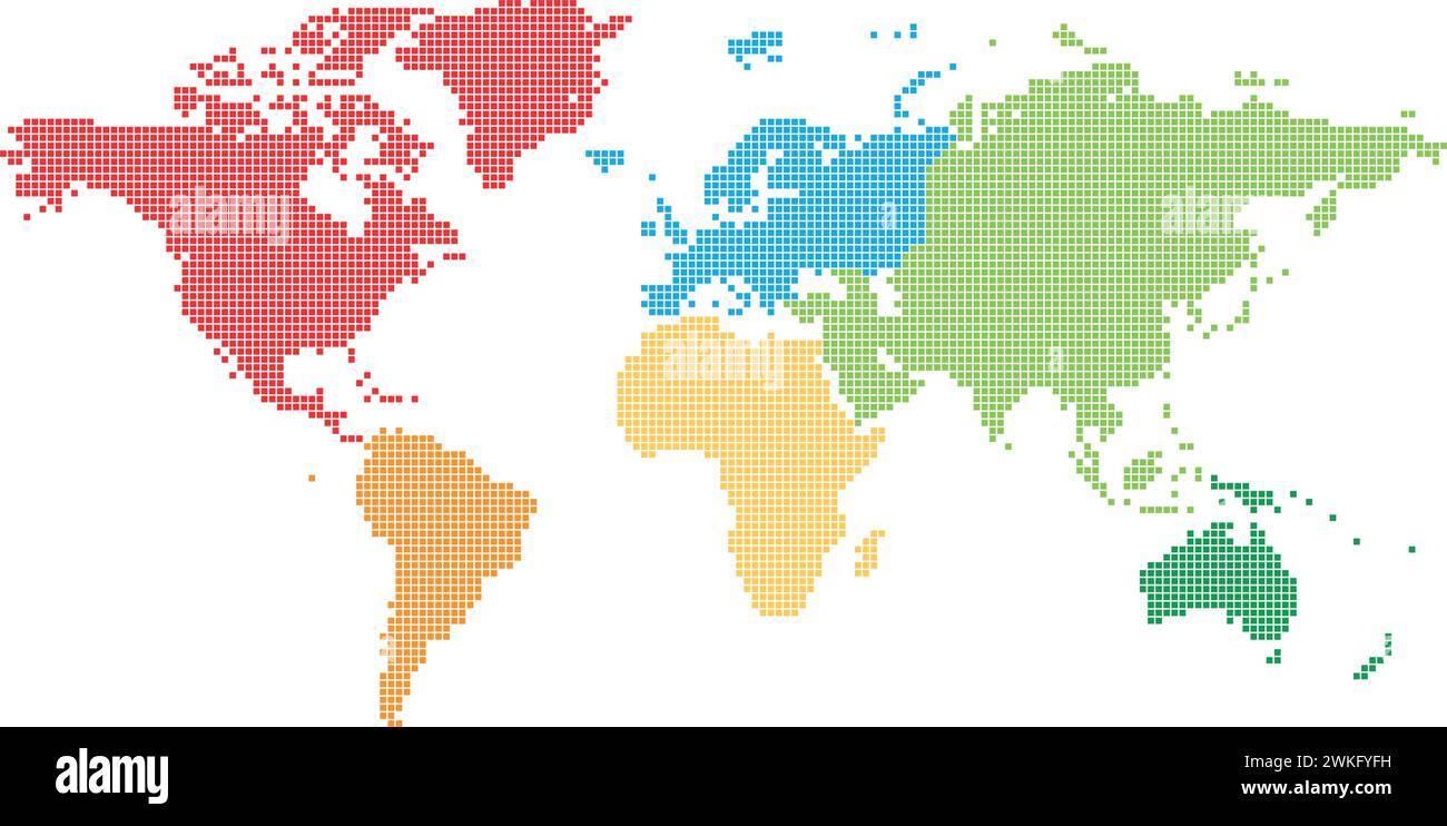 Dotted map of World with different color of each continent. Halftone ...