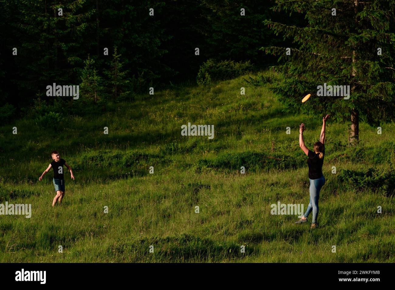 Mother and sons play frisbee, active recreation in the mountains of ...