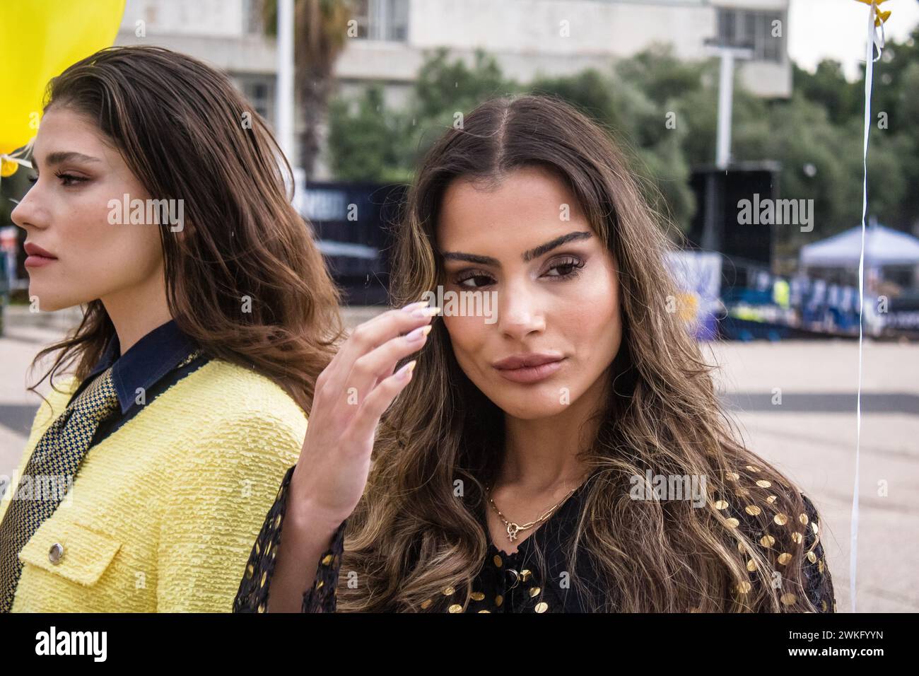 Tel Aviv, Israel, February 20, 2024 Models of GNTX agency posing at Hostages Square in front of ...